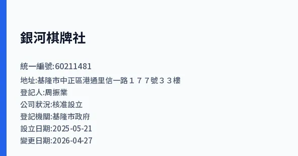 銀河棋牌社的照片-統編 60211481(基隆市) 公司登記資料與營業項目詳細圖表