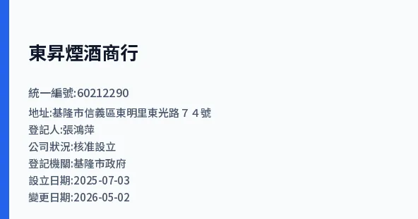 東昇煙酒商行的照片-統編 60212290(基隆市) 公司登記資料與營業項目詳細圖表