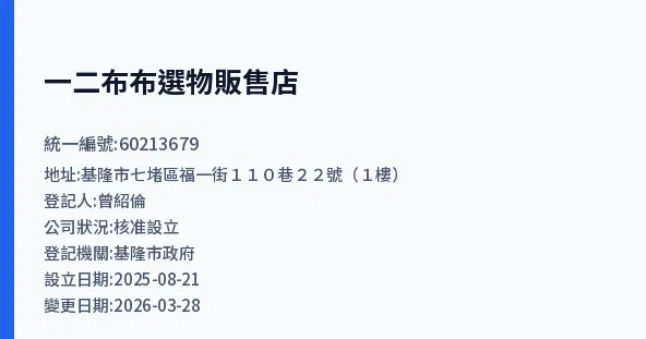 一二布布選物販售店的照片-統編 60213679(基隆市) 公司登記資料與營業項目詳細圖表