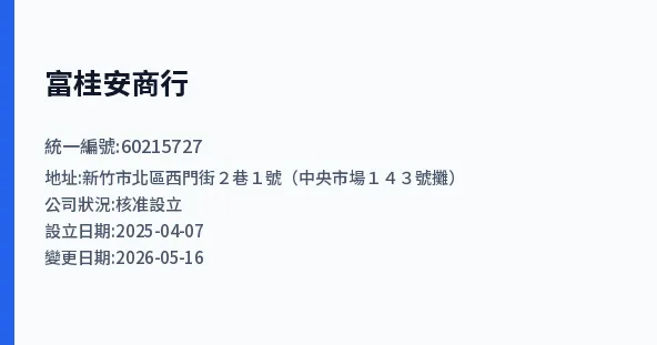 富桂安商行的照片-統編 60215727(新竹市) 公司登記資料與營業項目詳細圖表