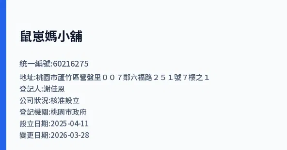 鼠崽媽小舖的照片-統編 60216275(桃園市) 公司登記資料與營業項目詳細圖表