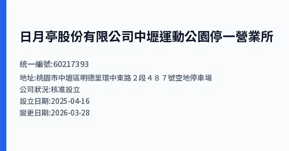 日月亭股份有限公司中壢運動公園停一營業所的照片-統編 60217393(桃園市) 公司登記資料與營業項目詳細圖表