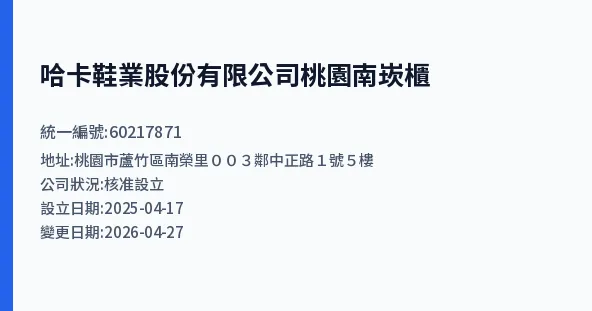 哈卡鞋業股份有限公司桃園南崁櫃的照片-統編 60217871(桃園市) 公司登記資料與營業項目詳細圖表