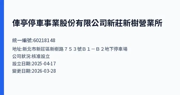 俥亭停車事業股份有限公司新莊新樹營業所的照片-統編 60218148(新北市) 公司登記資料與營業項目詳細圖表