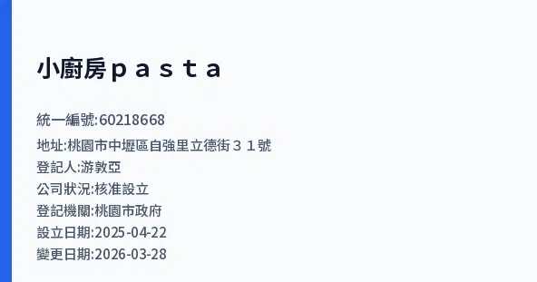 小廚房pasta的照片-統編 60218668(桃園市) 公司登記資料與營業項目詳細圖表