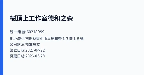 樹頂上工作室德和之森的照片-統編 60218999(新北市) 公司登記資料與營業項目詳細圖表