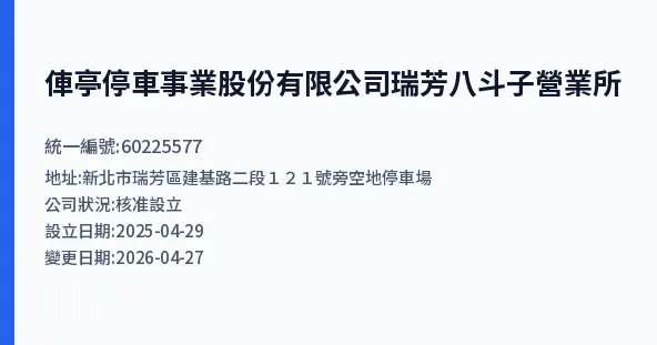 俥亭停車事業股份有限公司瑞芳八斗子營業所的照片-統編 60225577(新北市) 公司登記資料與營業項目詳細圖表