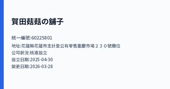 賀田菇菇の舖子的照片-統編 60225801(花蓮縣) 公司登記資料與營業項目詳細圖表