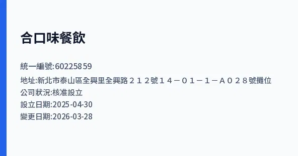 合口味餐飲的照片-統編 60225859(新北市) 公司登記資料與營業項目詳細圖表