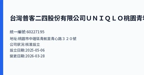 台灣普客二四股份有限公司UNIQLO桃園青埔店停車場的照片-統編 60227195(桃園市) 公司登記資料與營業項目詳細圖表