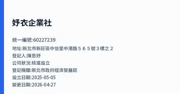 妤衣企業社的照片-統編 60227239(新北市) 公司登記資料與營業項目詳細圖表