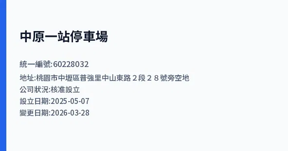中原一站停車場的照片-統編 60228032(桃園市) 公司登記資料與營業項目詳細圖表