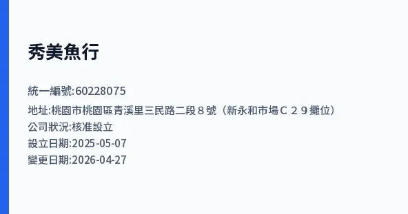 秀美魚行的照片-統編 60228075(桃園市) 公司登記資料與營業項目詳細圖表