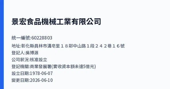 景宏食品機械工業有限公司的照片-統編 60228803(彰化縣) 公司登記資料與營業項目詳細圖表