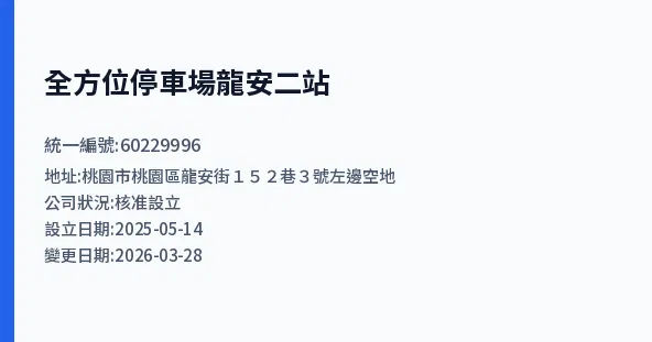 全方位停車場龍安二站的照片-統編 60229996(桃園市) 公司登記資料與營業項目詳細圖表