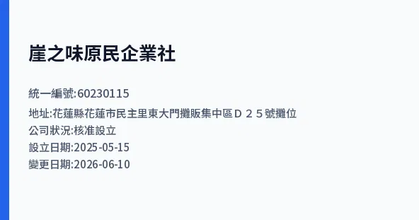 崖之味原民企業社的照片-統編 60230115(花蓮縣) 公司登記資料與營業項目詳細圖表
