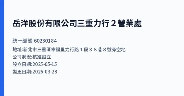 岳洋股份有限公司三重力行2營業處的照片-統編 60230184(新北市) 公司登記資料與營業項目詳細圖表
