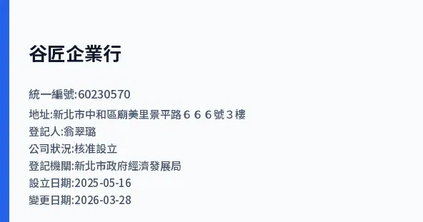 谷匠企業行的照片-統編 60230570(新北市) 公司登記資料與營業項目詳細圖表