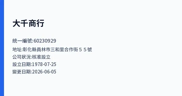 大千商行的照片-統編 60230929(彰化縣) 公司登記資料與營業項目詳細圖表