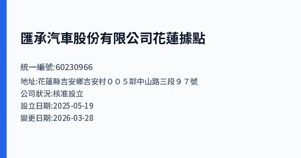 匯承汽車股份有限公司花蓮據點的照片-統編 60230966(花蓮縣) 公司登記資料與營業項目詳細圖表