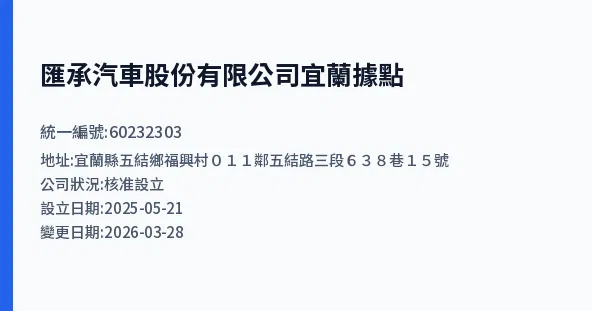 匯承汽車股份有限公司宜蘭據點的照片-統編 60232303(宜蘭縣) 公司登記資料與營業項目詳細圖表