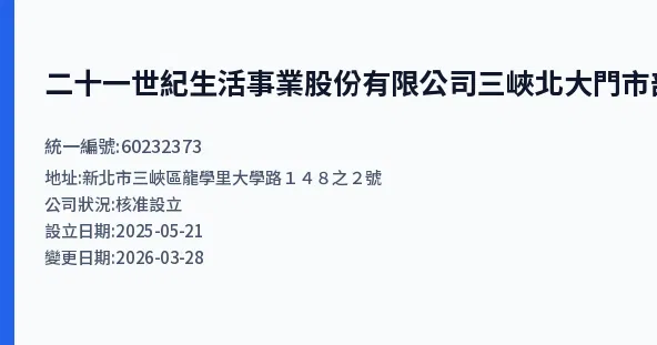 二十一世紀生活事業股份有限公司三峽北大門市部的照片-統編 60232373(新北市) 公司登記資料與營業項目詳細圖表
