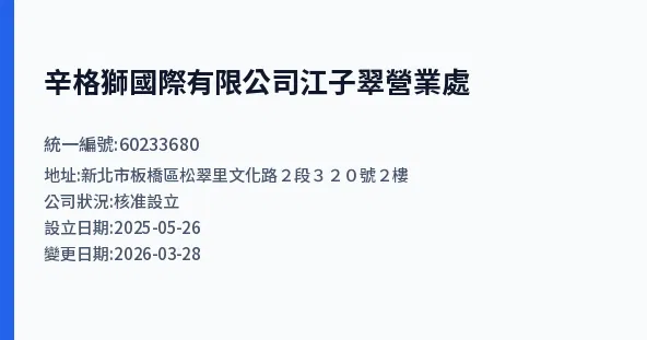 辛格獅國際有限公司江子翠營業處的照片-統編 60233680(新北市) 公司登記資料與營業項目詳細圖表