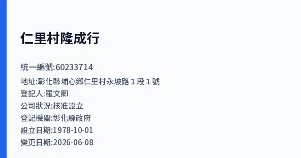 仁里村隆成行的照片-統編 60233714(彰化縣) 公司登記資料與營業項目詳細圖表