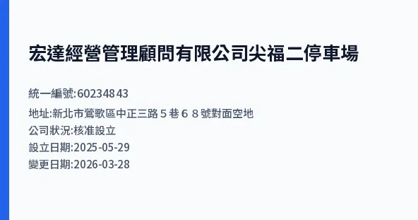 宏達經營管理顧問有限公司尖福二停車場的照片-統編 60234843(新北市) 公司登記資料與營業項目詳細圖表