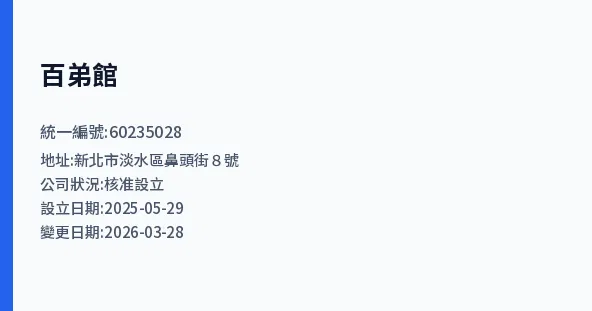 百弟館的照片-統編 60235028(新北市) 公司登記資料與營業項目詳細圖表