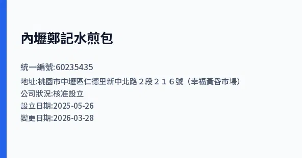 內壢鄭記水煎包的照片-統編 60235435(桃園市) 公司登記資料與營業項目詳細圖表