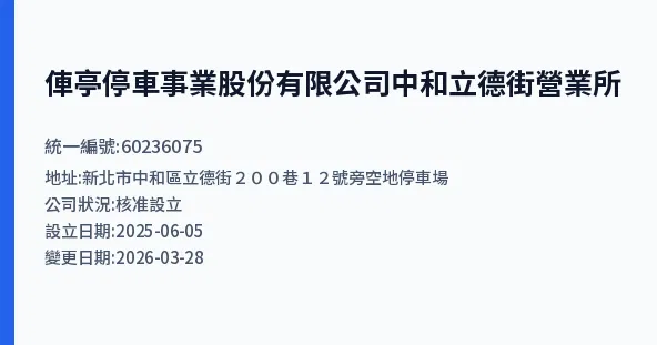 俥亭停車事業股份有限公司中和立德街營業所的照片-統編 60236075(新北市) 公司登記資料與營業項目詳細圖表