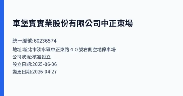 車堡寶實業股份有限公司中正東場的照片-統編 60236574(新北市) 公司登記資料與營業項目詳細圖表