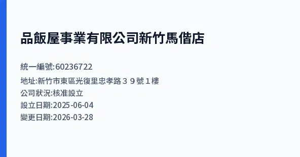 品飯屋事業有限公司新竹馬偕店的照片-統編 60236722(新竹市) 公司登記資料與營業項目詳細圖表