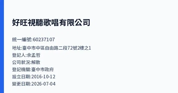 好旺視聽歌唱有限公司的照片-統編 60237107(臺中市) 公司登記資料與營業項目詳細圖表