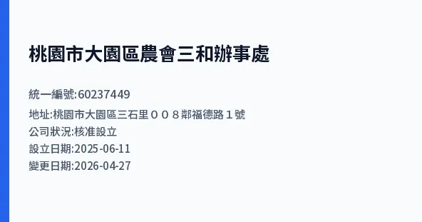 桃園市大園區農會三和辦事處的照片-統編 60237449(桃園市) 公司登記資料與營業項目詳細圖表