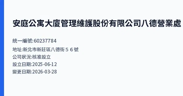 安庭公寓大廈管理維護股份有限公司八德營業處的照片-統編 60237784(新北市) 公司登記資料與營業項目詳細圖表