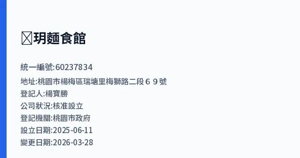 杦玥麵食館的照片-統編 60237834(桃園市) 公司登記資料與營業項目詳細圖表
