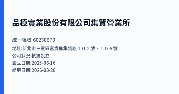 品極實業股份有限公司集賢營業所的照片-統編 60238670(新北市) 公司登記資料與營業項目詳細圖表