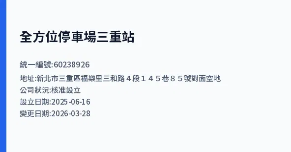 全方位停車場三重站的照片-統編 60238926(新北市) 公司登記資料與營業項目詳細圖表