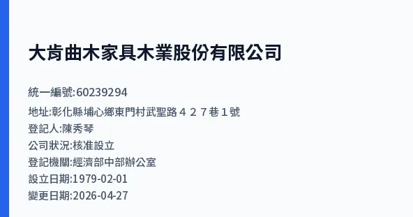 大肯曲木家具木業股份有限公司的照片-統編 60239294(彰化縣) 公司登記資料與營業項目詳細圖表