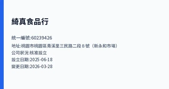 綺真食品行的照片-統編 60239426(桃園市) 公司登記資料與營業項目詳細圖表