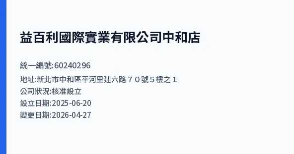 益百利國際實業有限公司中和店的照片-統編 60240296(新北市) 公司登記資料與營業項目詳細圖表