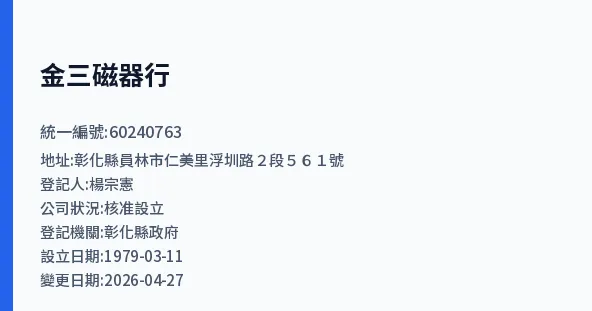 金三磁器行的照片-統編 60240763(彰化縣) 公司登記資料與營業項目詳細圖表