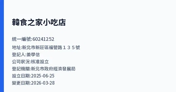 韓食之家小吃店的照片-統編 60241252(新北市) 公司登記資料與營業項目詳細圖表