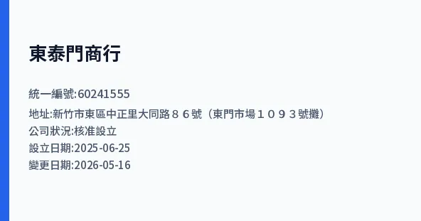 東泰門商行的照片-統編 60241555(新竹市) 公司登記資料與營業項目詳細圖表