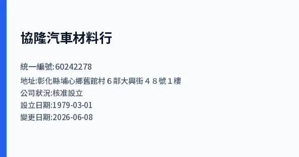 協隆汽車材料行的照片-統編 60242278(彰化縣) 公司登記資料與營業項目詳細圖表
