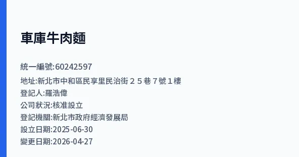 車庫牛肉麵的照片-統編 60242597(新北市) 公司登記資料與營業項目詳細圖表
