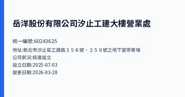岳洋股份有限公司汐止工建大樓營業處的照片-統編 60243625(新北市) 公司登記資料與營業項目詳細圖表