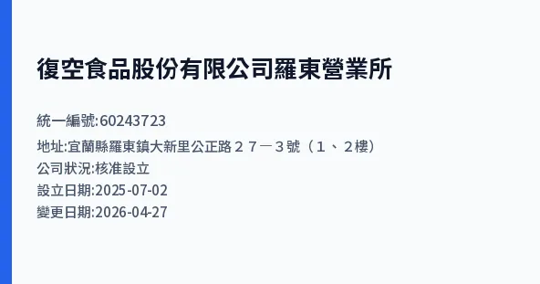復空食品股份有限公司羅東營業所的照片-統編 60243723(宜蘭縣) 公司登記資料與營業項目詳細圖表